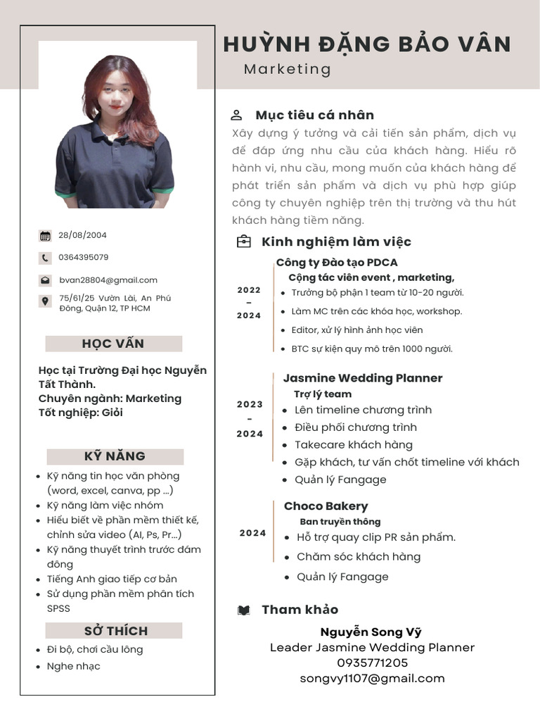 CV-HUỲNH ĐẶNG BẢO VÂN - Marketing - Jasmine | PDF
