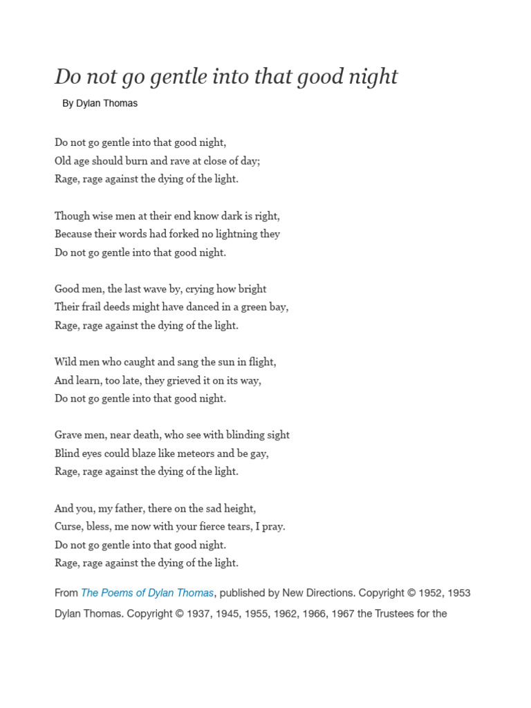 Dylan Thomas: Do Not Go Gentle Poem | PDF