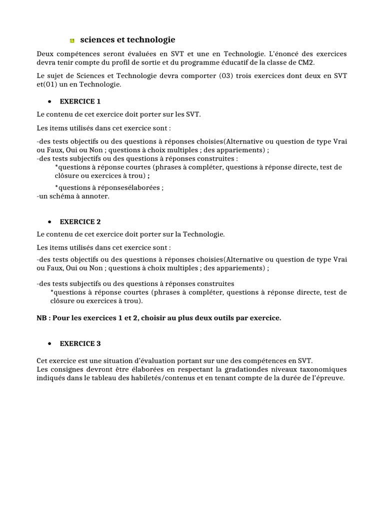 Évaluation SVT et Technologie CM2 | PDF