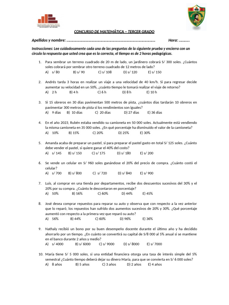 Concurso Matemáticas 3er Grado | PDF | Porcentaje