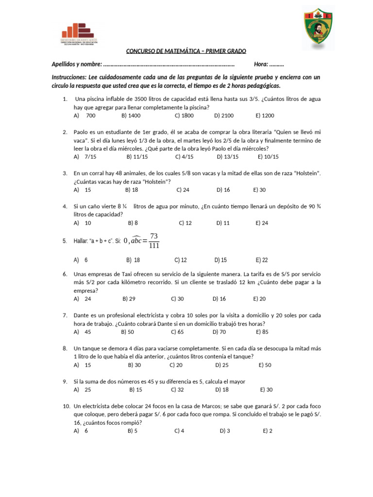 Primer Grado - Concurso de Matematica 2024 | PDF