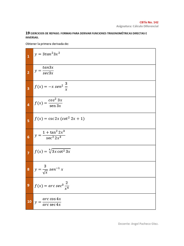 19 Derivadas Func Trig Dir Inver | PDF