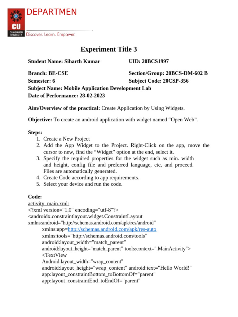 MAD LAB WORKSHEET 3 - Utkarsh | PDF | Android (Operating System) | Mobile App