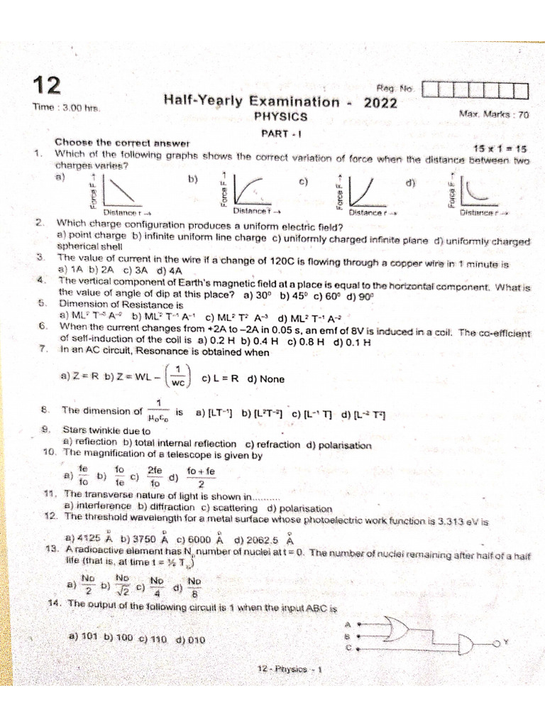 12th Physics EM Half Yearly Exam 2022 Original Question Paper Erode District English Medium PDF ...