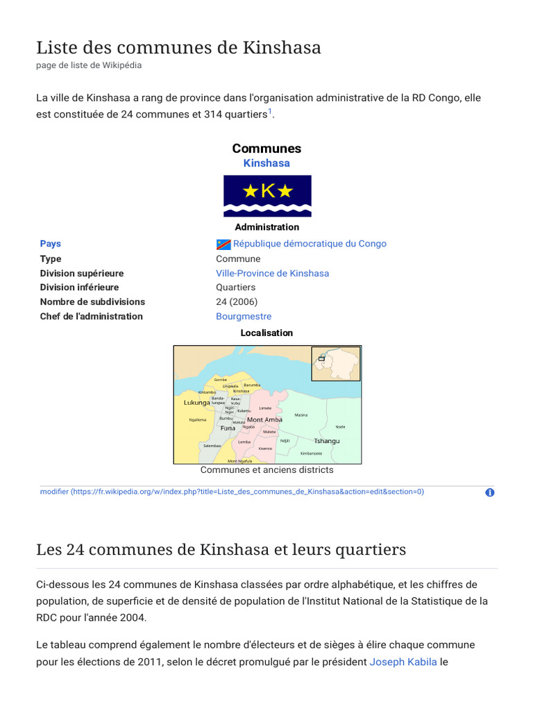 24 Communes de Kinshasa et Superficies | PDF | Kinshasa