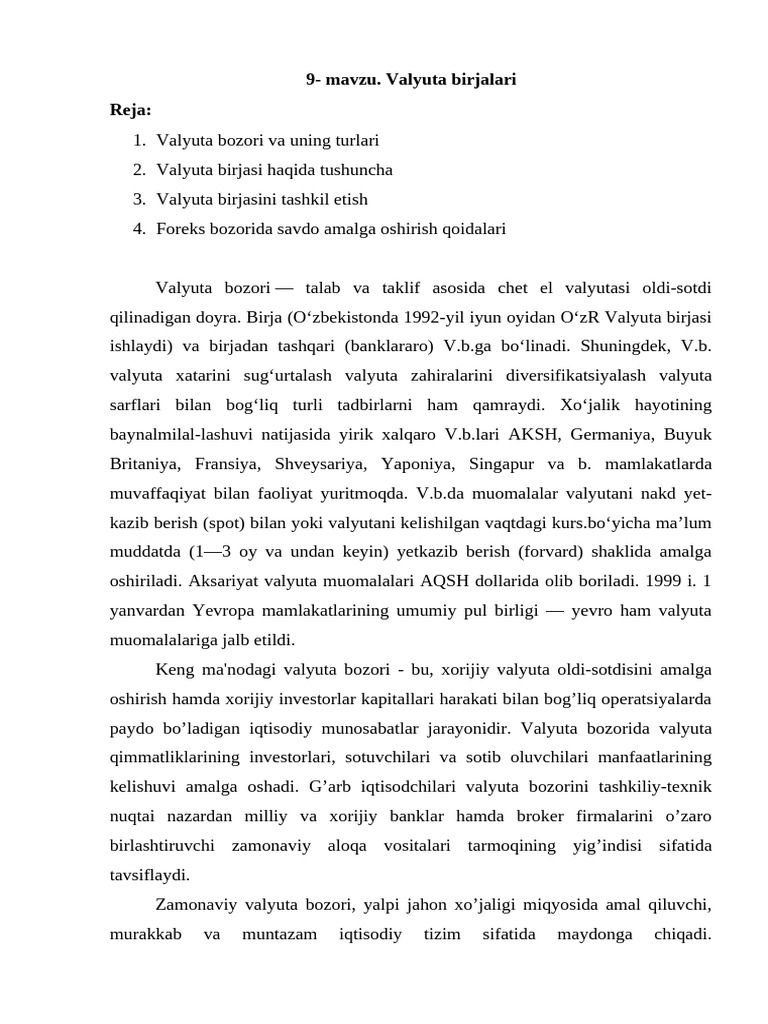 9 - Mavzu. Valyuta Birjalari | PDF