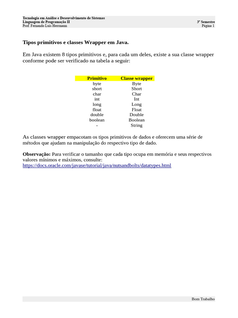 Tipos Primitivos e Wrappers em Java | PDF