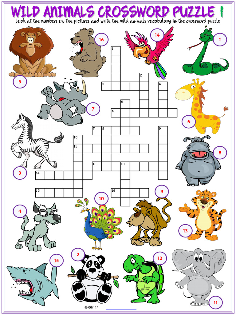 Animals Vocabulary Esl Crossword Puzzle Worksheets For Kids PDF | PDF