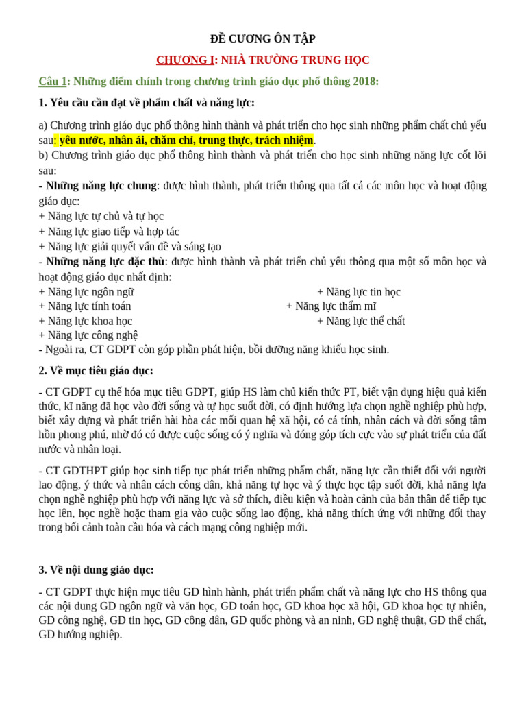 ĐỀ CƯƠNG ÔN TẬP - GDH 2 | PDF