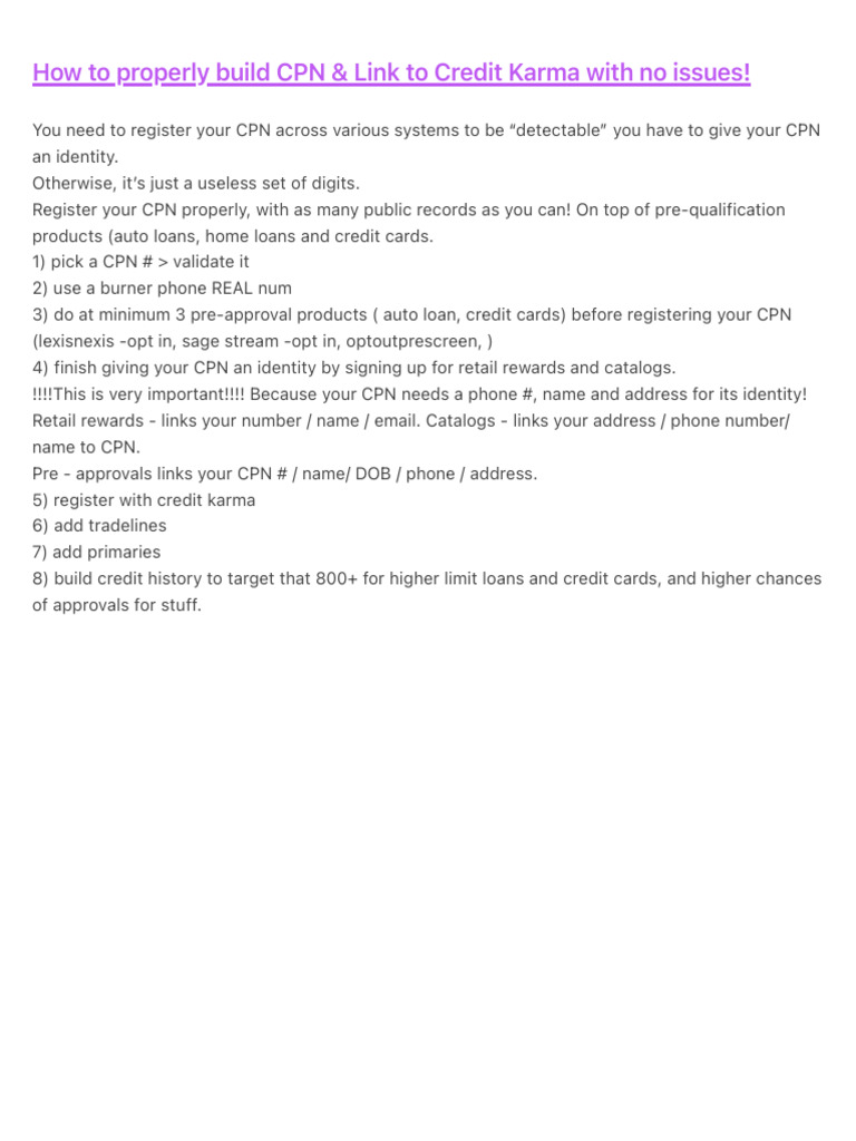 How To Properly Build CPN & Link To Credit Karma With No Issues | PDF