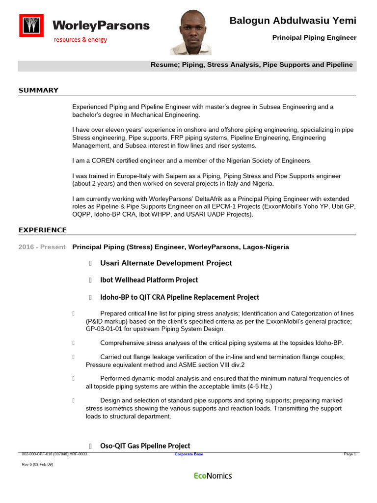 Principal Piping and Pipeline Engineer_Abdulwasiu Balogun | PDF | Pipe ...