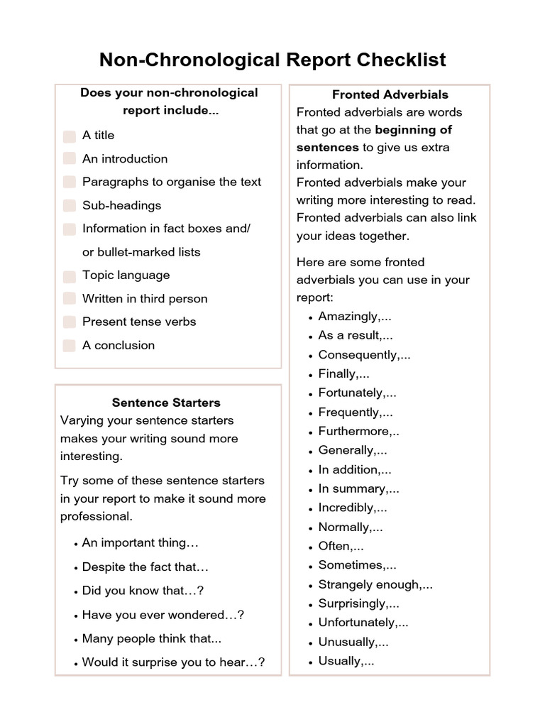 Non Chronological Report Checklist 1 | PDF