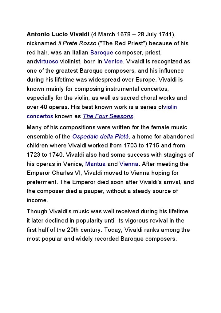 Antonio Vivaldi: Baroque Composer Overview | PDF | Travel | Art