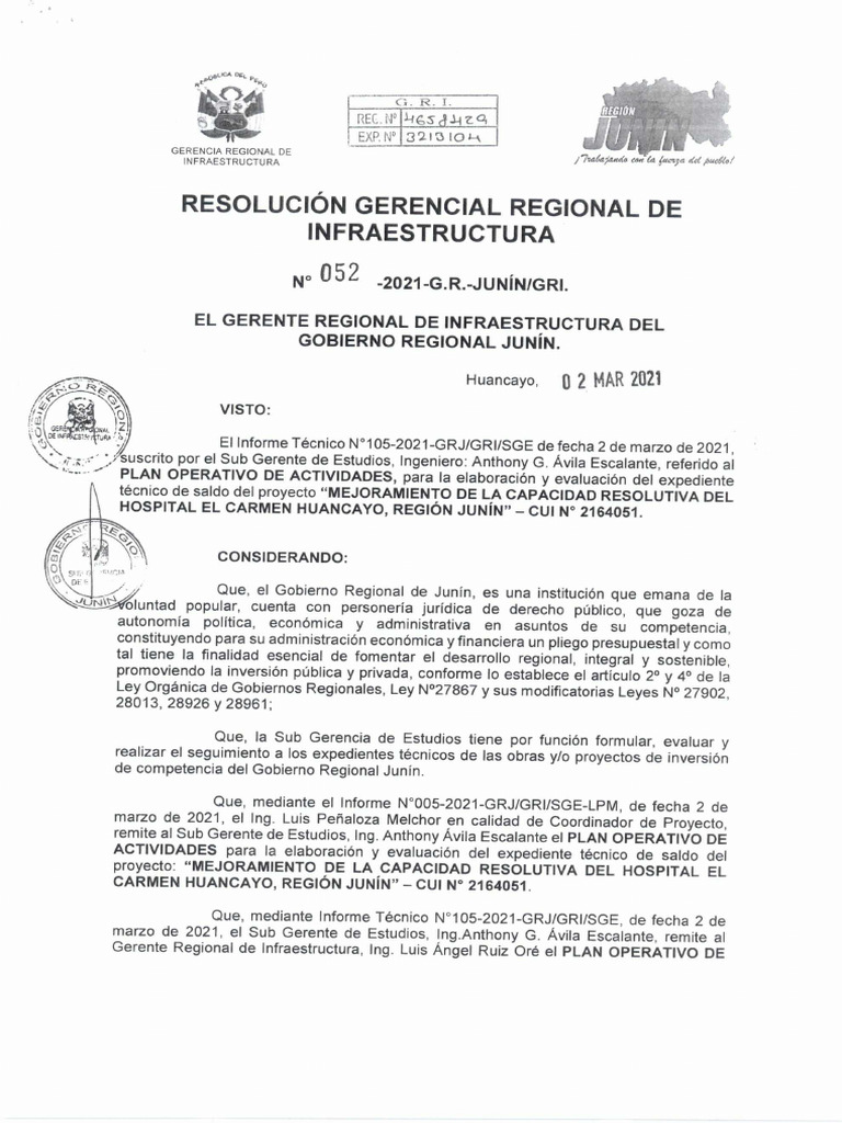 Resolución Gerencial Regional de Infraestructura 52 PDF | PDF | Presupuesto | Hospital