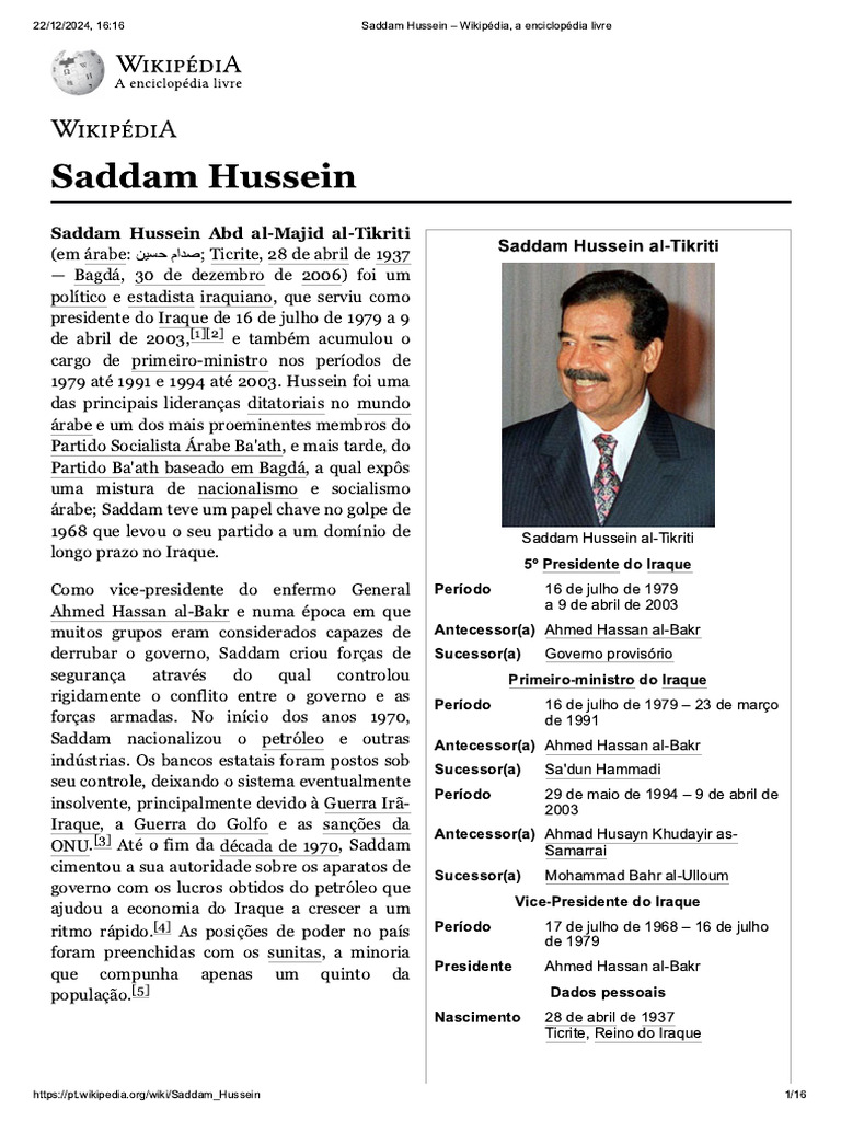Saddam Hussein - Wikipédia, A Enciclopédia Livre | PDF