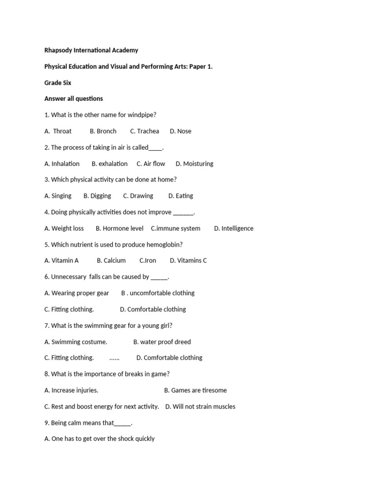 Grade Six PE & VPA Paper 1-1 | PDF