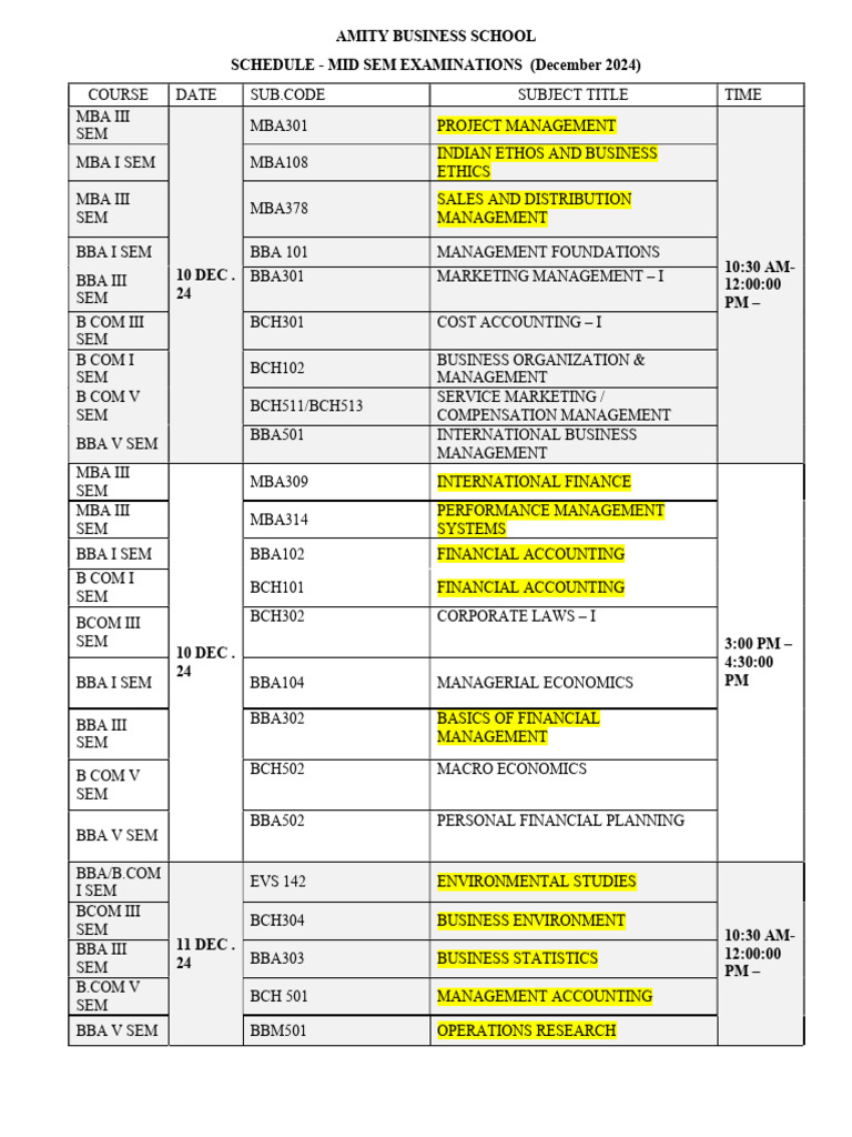 Mid-Term Timetable For Approved Students | PDF | Master Of Business ...