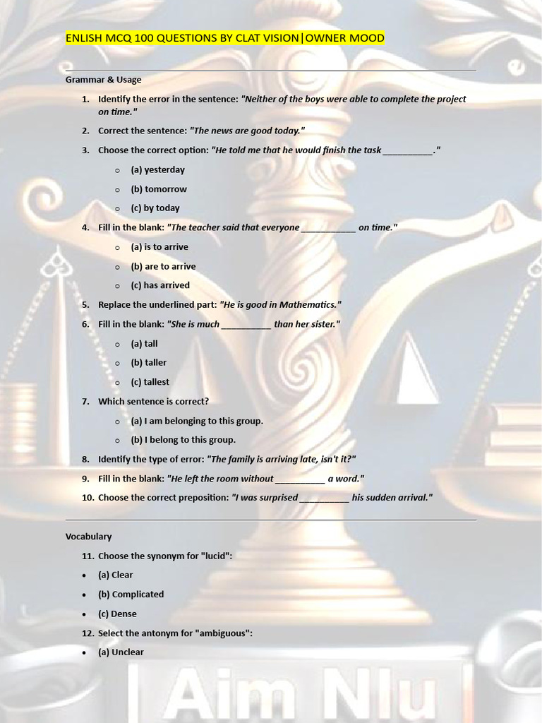 English MCQs: 100 Questions for CLAT | PDF | Grammar | Linguistics