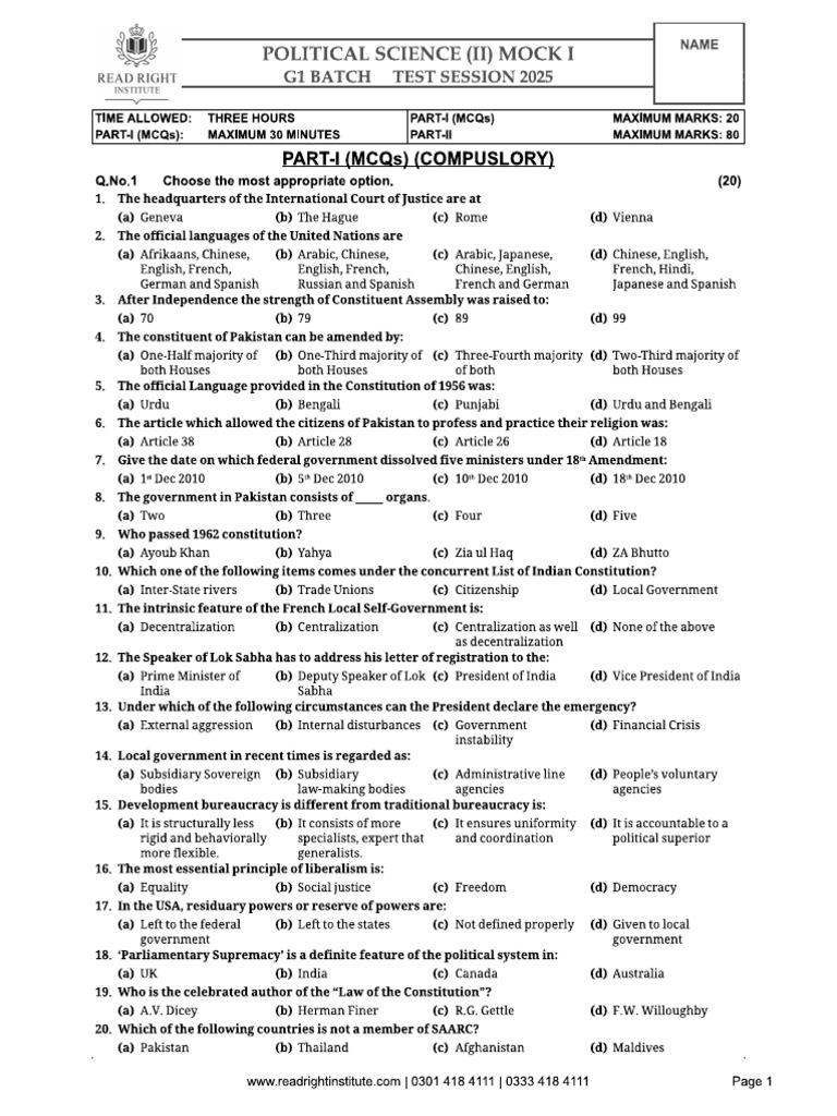 G1 Batch IV Pol Science Paper (II) Mock 1 | PDF