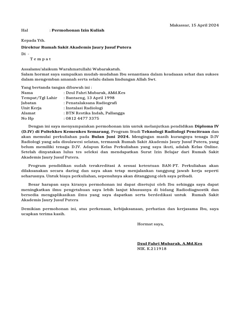 SURAT PERMOHONAN IZIN KULIAH | PDF