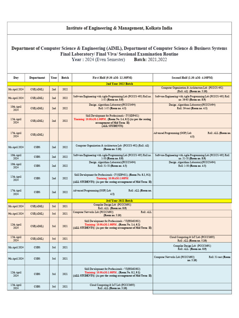 Lab Exam 2024 Even Semester Schedule | PDF | Engineering | Computer Science