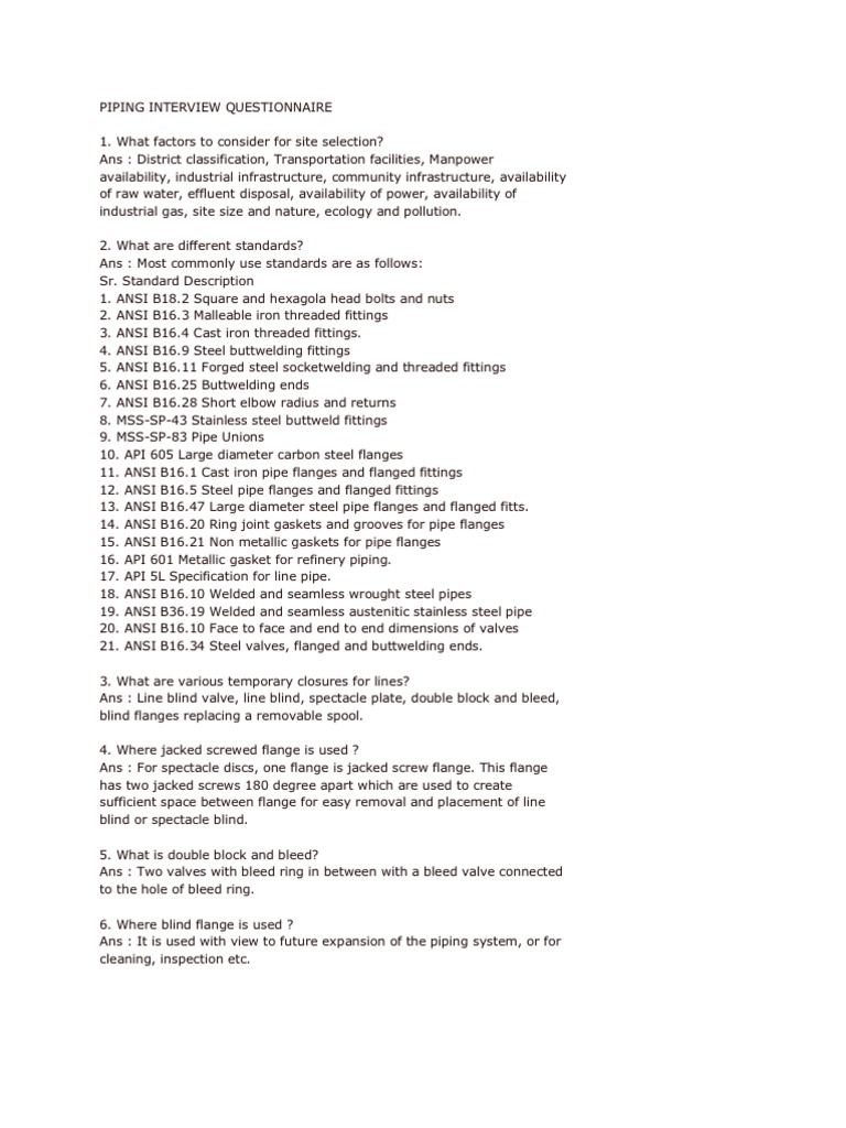 Piping Interview Questionnaire | PDF