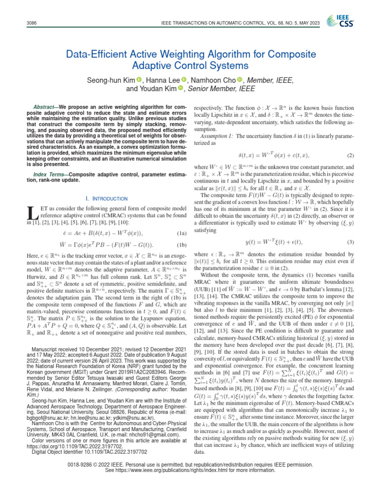 Data-Efficient Active Weighting Algorithm For Composite Adaptive Control Systems | PDF ...