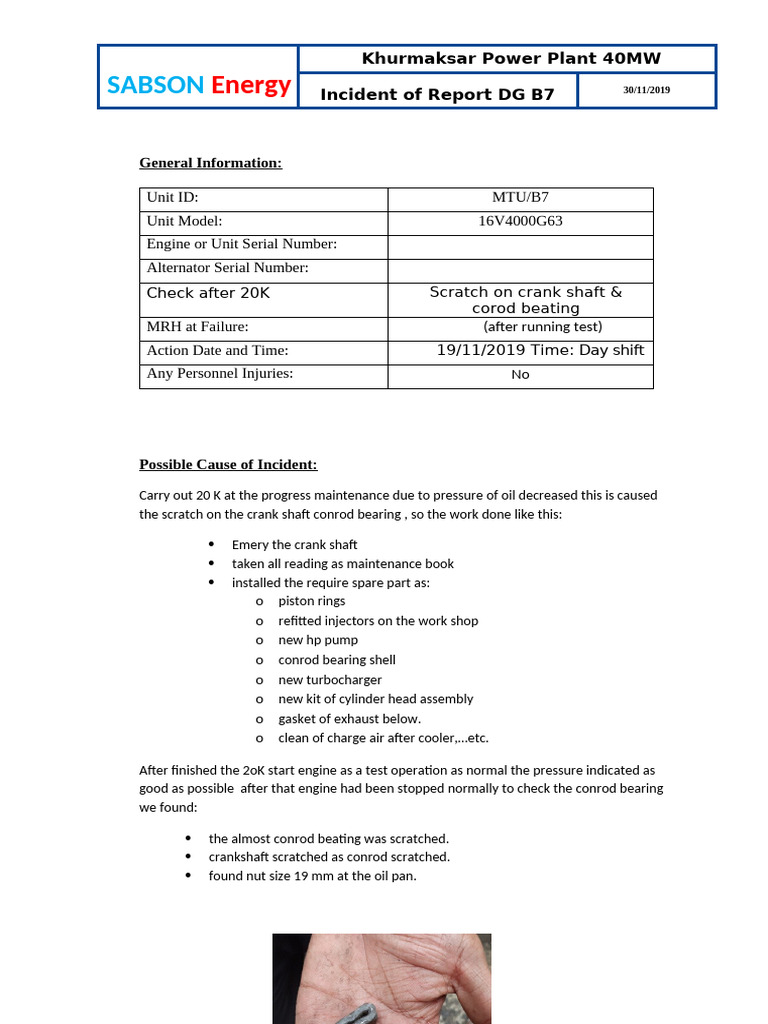 incident report of B7 | PDF | Engines | Piston