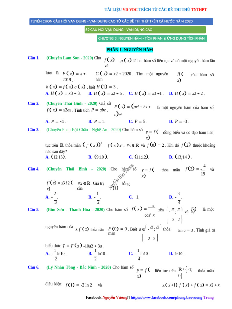 Bai Tap Vd Vdc Nguyen Ham Tich Phan Va Ung Dung | PDF