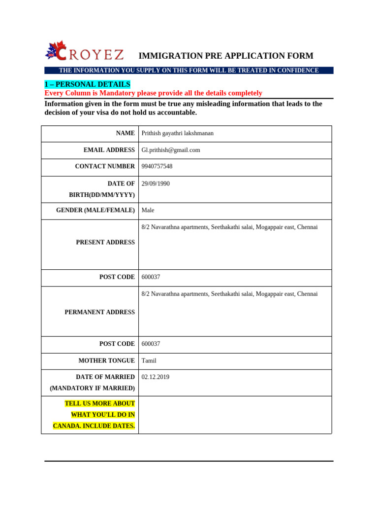 Immigration Pre-Application Form | PDF | Government And Personhood ...