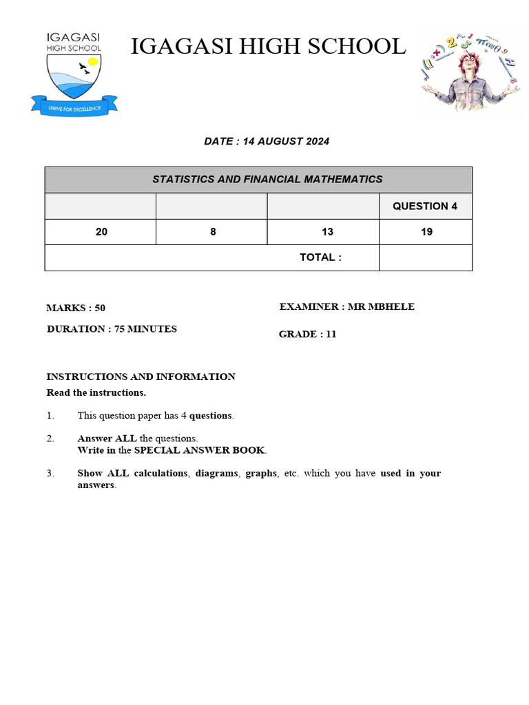 Grade 11 Test 2024 Term 3 Stats and Finance | PDF