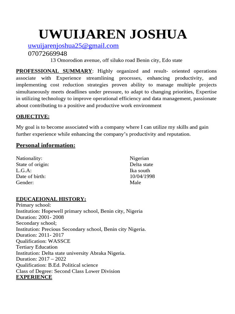 Original Uwuijaren Joshua CV | PDF | Business