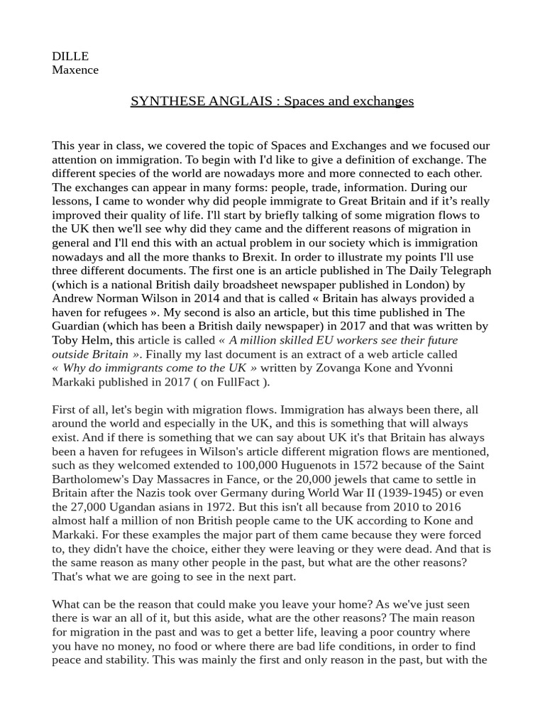 Synthèse Anglais 2 Immigraton | PDF | Brexit | Immigration