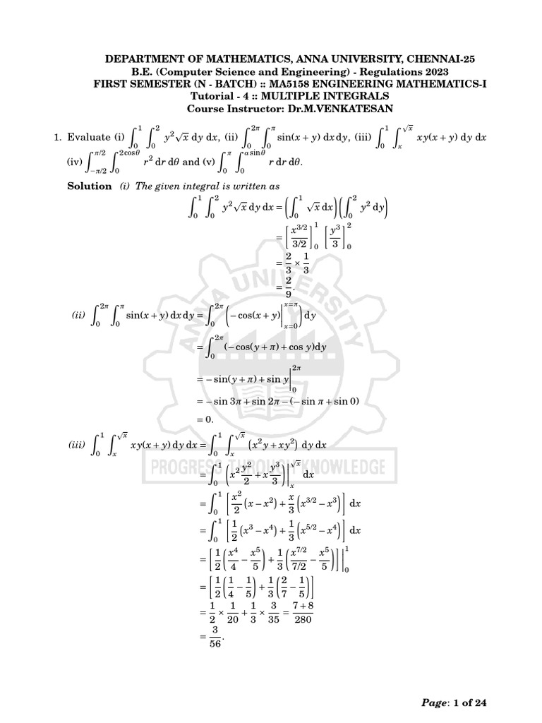 Multiple Integrals Tutorial Solutions | PDF | Mathematical Analysis