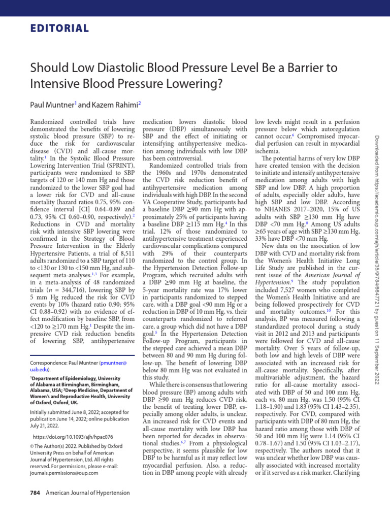 Low Diastolic BP and Intensive Treatment | PDF | Blood Pressure ...