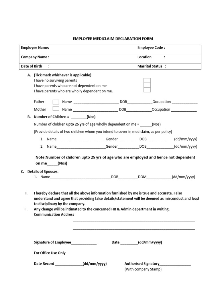 Employee Mediclaim Declaration Form | PDF
