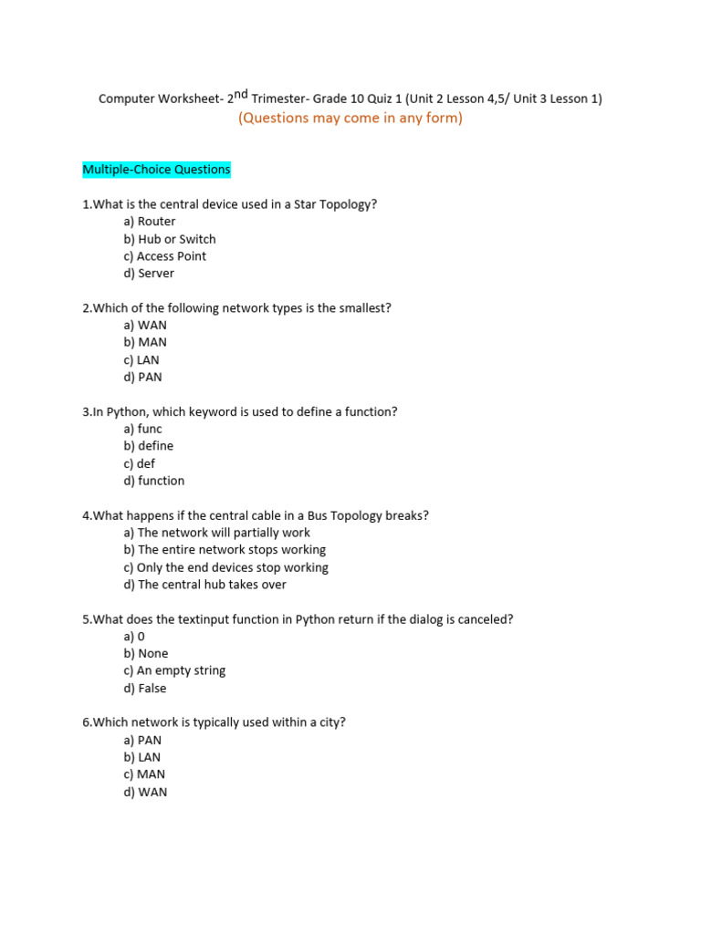 Grade 10 Computer Quiz: Networking & Python | PDF | Computer Network ...