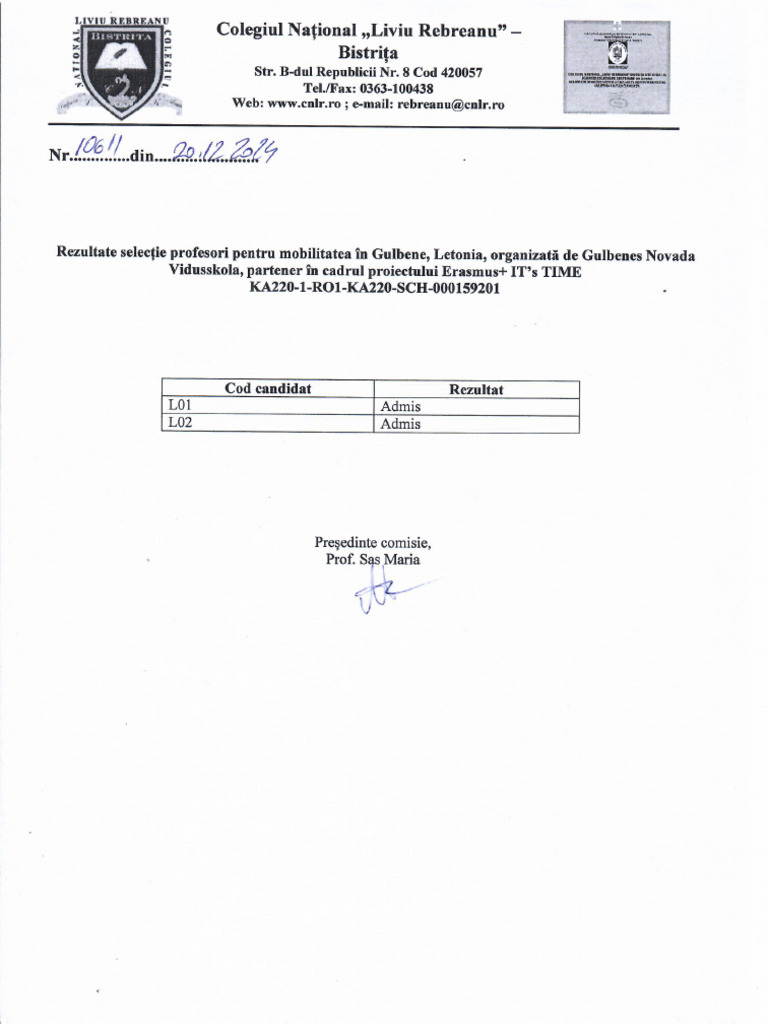 2024 Dec - Rezultate Selectie Profesori Mobilitate Letonia | PDF