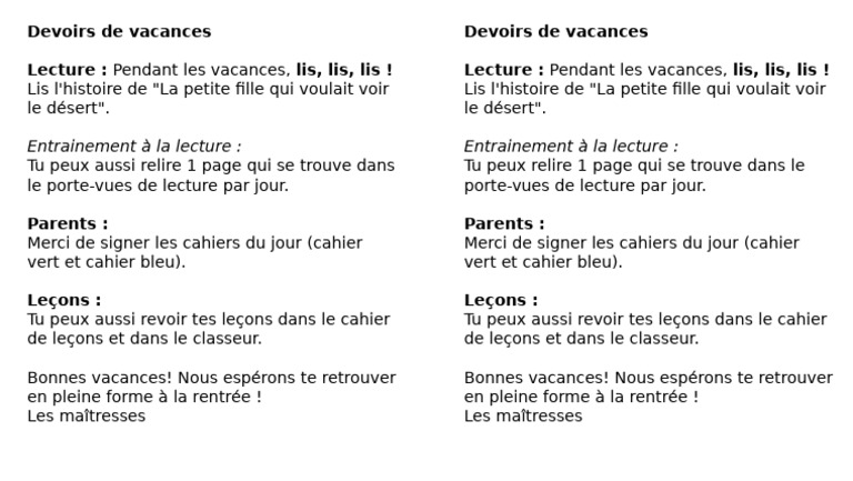 Devoirs de vacances : Lecture et leçons | PDF