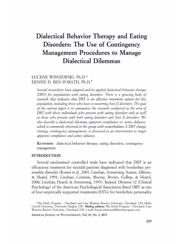 Dialectical Behavior Therapy and Eating Disorders - The Use of Contingency Management Procedures ...