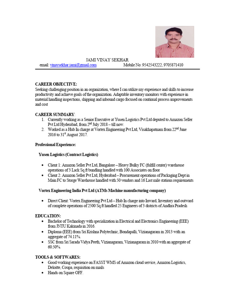 Vinay Jami resume | PDF | Logistics | Warehouse