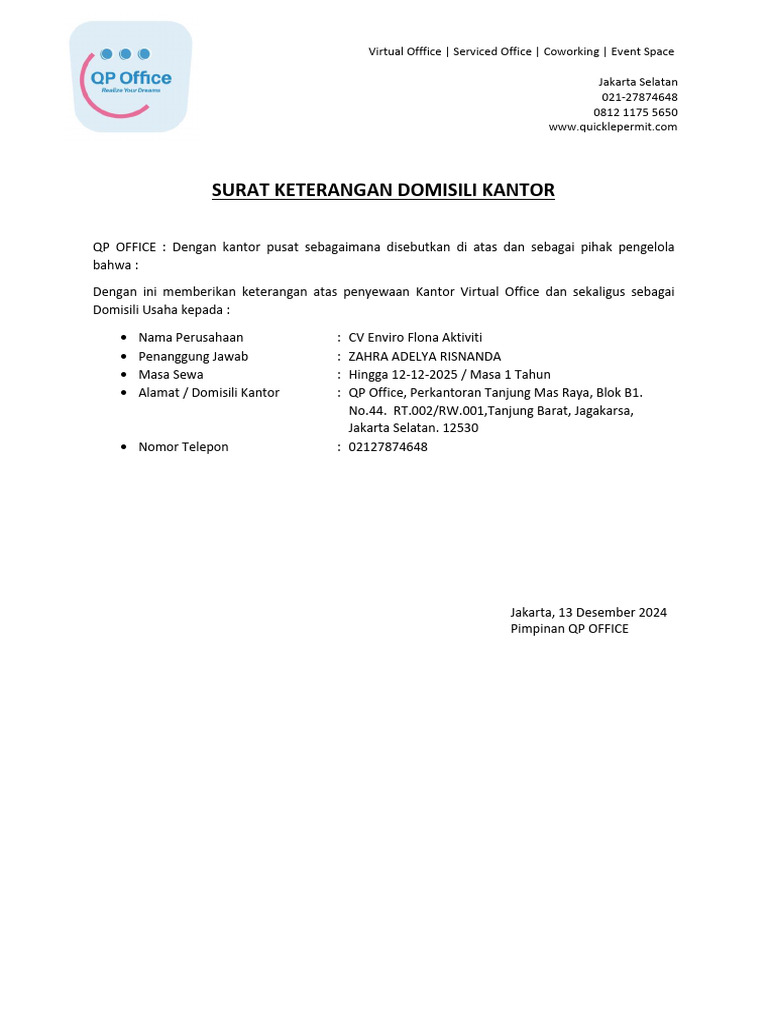Surat Keterangan Domisili CV Enviro Flona | PDF