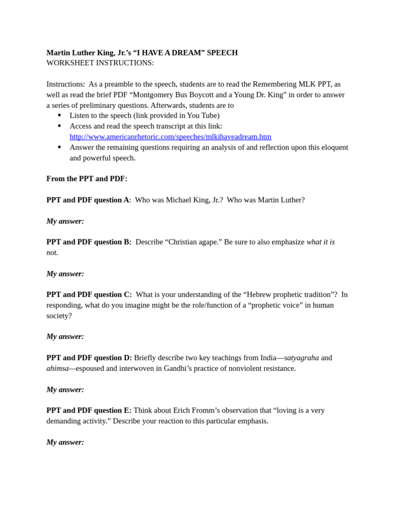 MLK I Have A Dream Speech and Worksheet-1 | PDF | Martin Luther King Jr ...