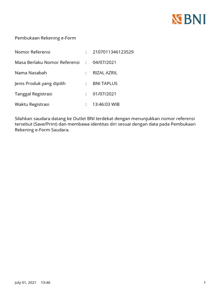 Httpseform.bni.Co.idbnI EFormsimpananLayarAck | PDF