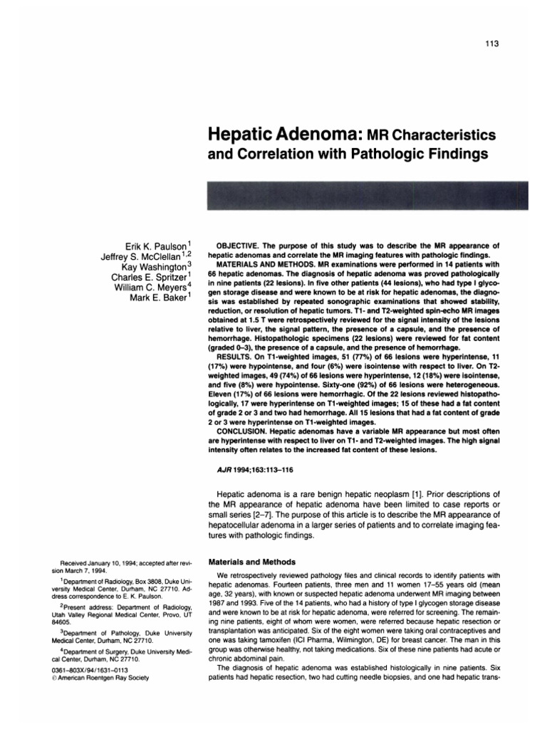 Paulson Et Al 2013 Hepatic Adenoma Mr Characteristics And Correlation With Pathologic Findings