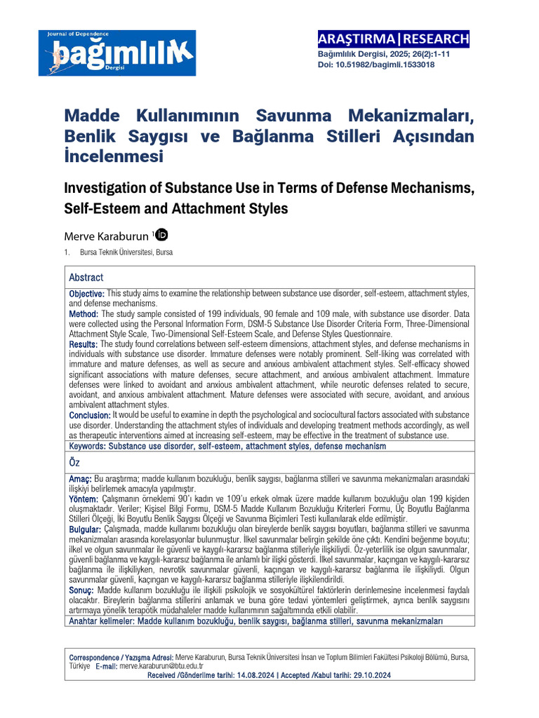 Madde Kullan__m__n__n Savunma Mekanizmalar__, Benlik Sayg__s__ ve Ba__lanma Stilleri A____s ...