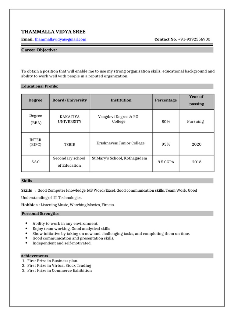 Resume of Thammalla Vidya Sree | PDF