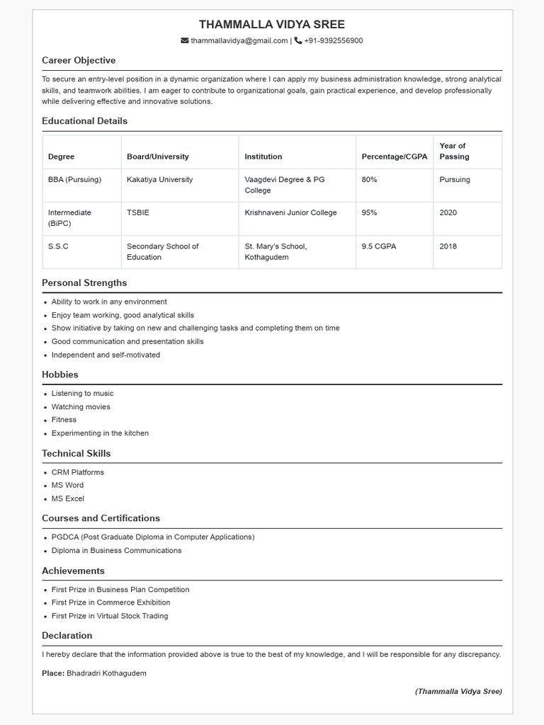 Thammalla Vidya Sree's Resume | PDF