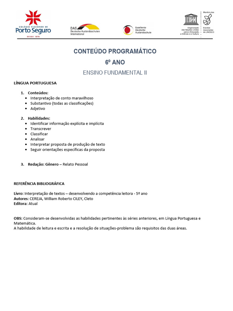 6º Ano - Conteudo Programatico | PDF