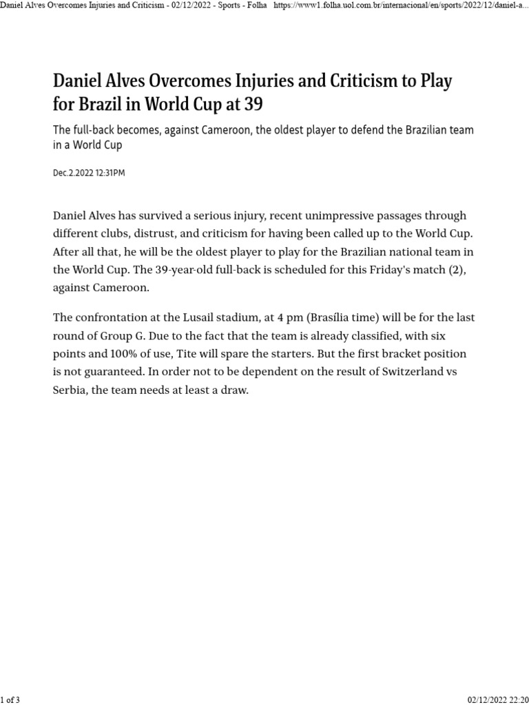 Daniel Alves: Oldest Brazil Player at 39 | PDF | Association Football ...
